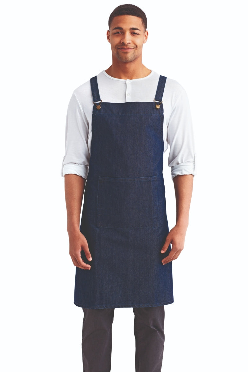 Indigo Denim Cross Back 'Barista' Bib Adjustable Apron (1 Pocket w/ Pe ...