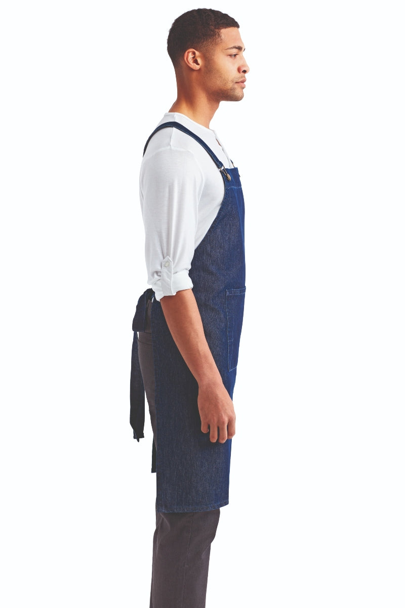 Indigo Denim Cross Back 'Barista' Bib Adjustable Apron (1 Pocket w/ Pe ...